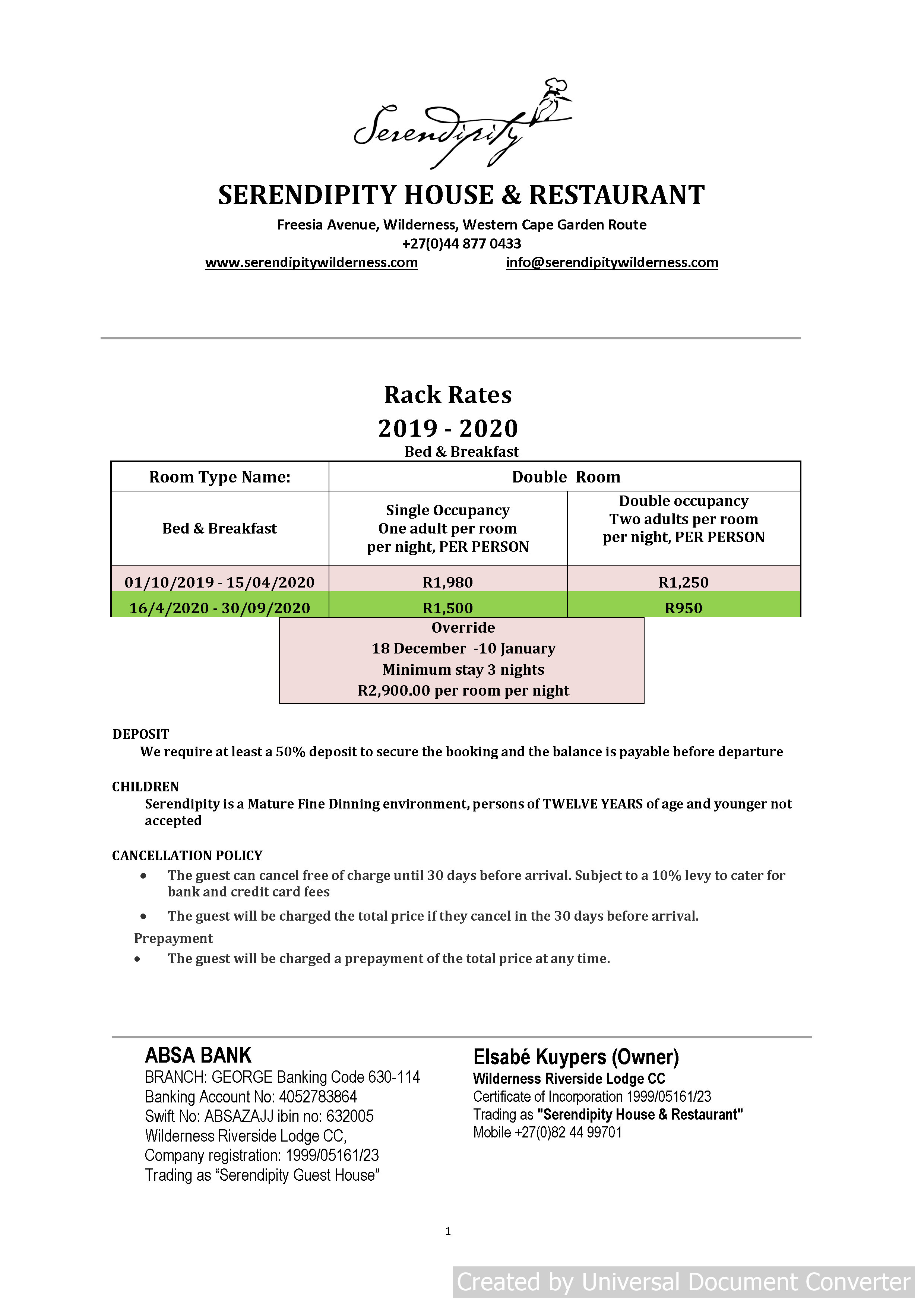 RACK RATES – SERENDIPITY HOUSE – 2019-2020 – Serendipity Restaurant ...